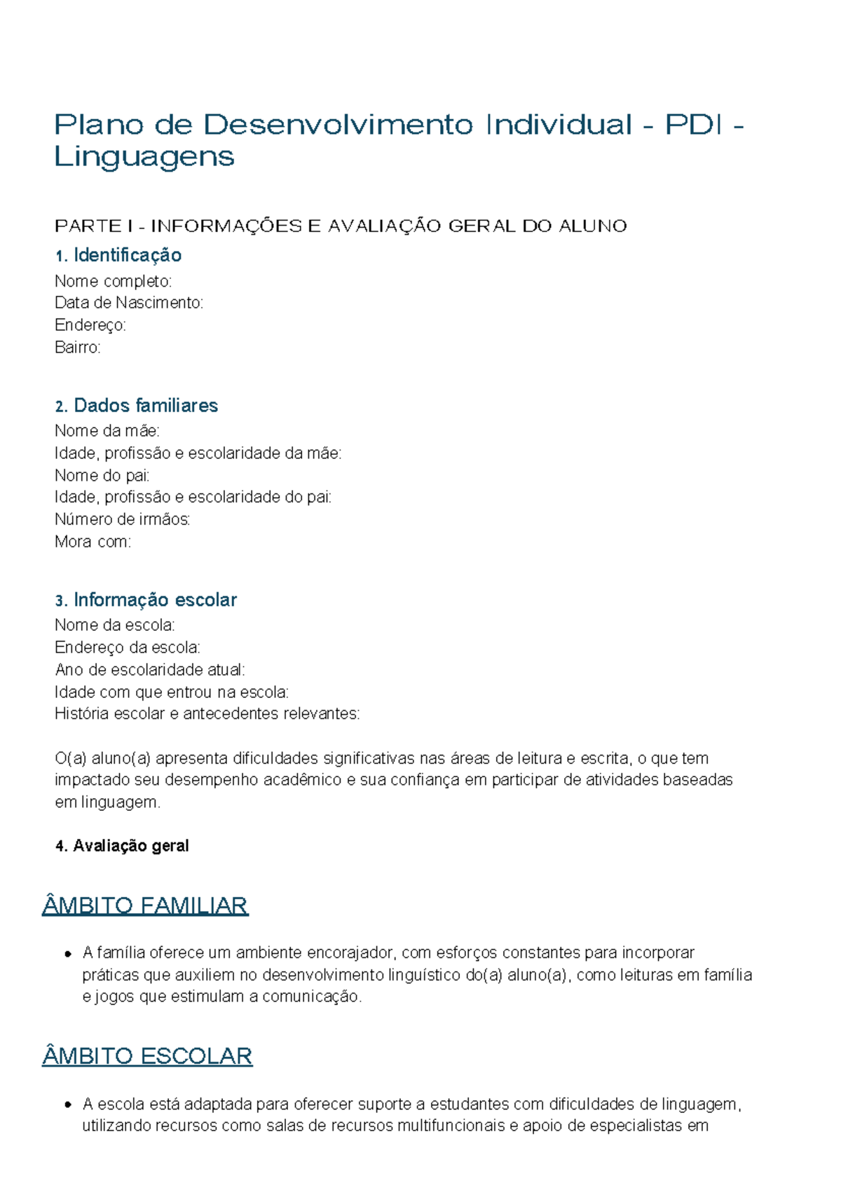 PDI - Linguagens: Desenvolvimento Individual e Avaliação Geral - Studocu