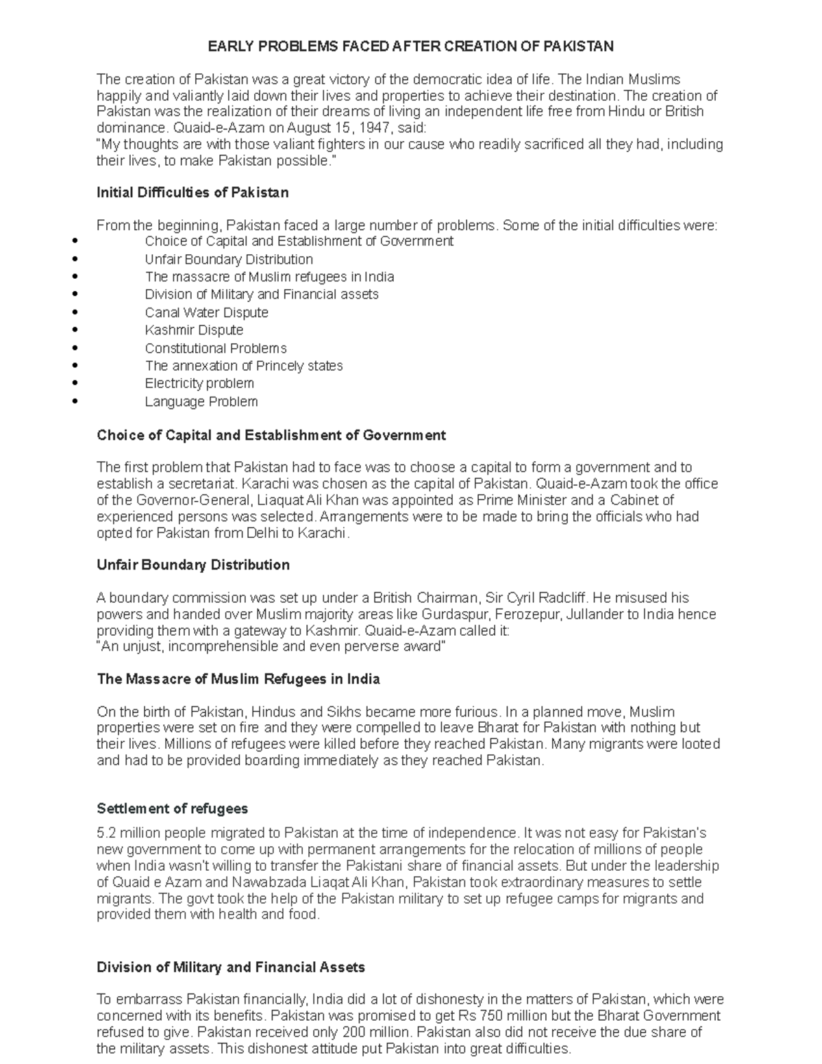 Early Challenges Faced by Pakistan After 1947 Formation - Studocu