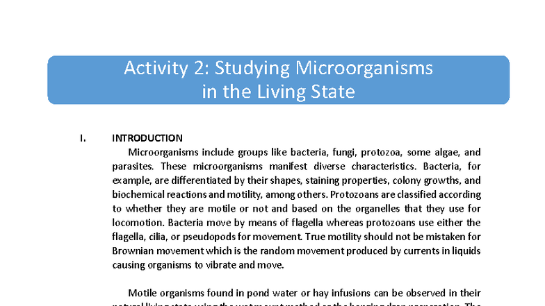 Activity 2: Observing Microorganisms in Their Living State - Studocu