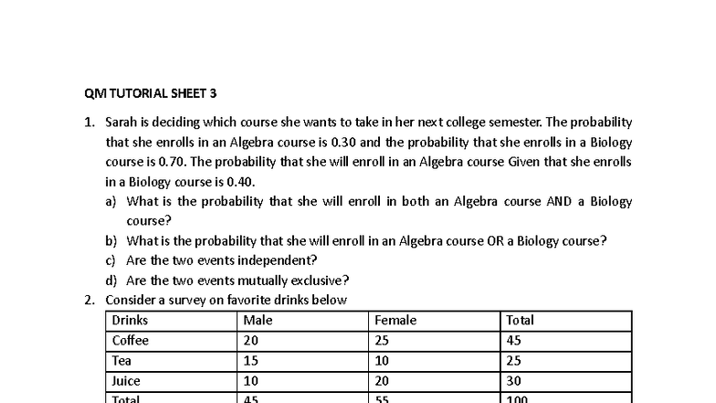 QM Tutorial Sheet 3 - Probability and Statistics Questions - Studocu