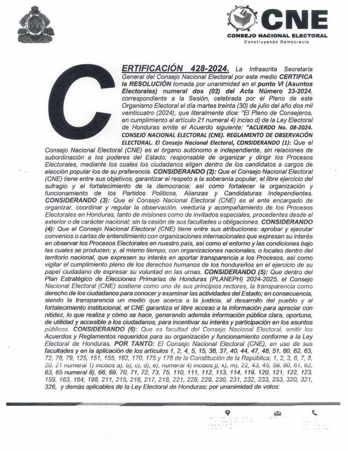 Certificacion-428-2024-Reglamento-Observacion-elecciones-2025 - CNE CONSEJO NACIONAL ELECTORAL ...