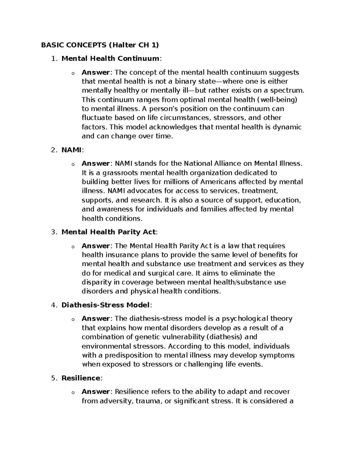 MH Study Guide: Key Concepts in Mental Health (Unit 1) - Studocu