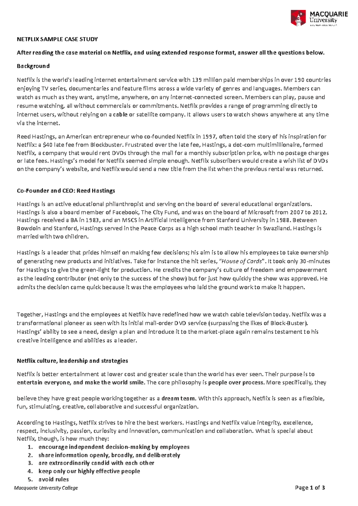 Netflix Case Study: Leadership and Culture Analysis - Studocu