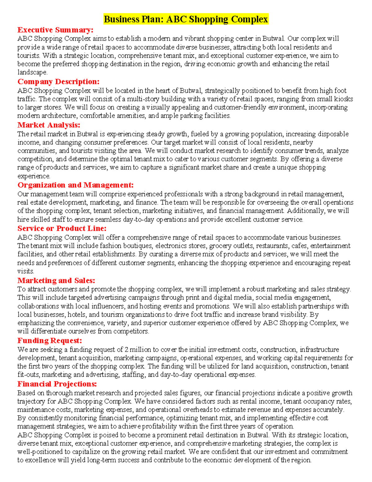 ABC Shopping Complex Business Plan Summary - Studocu