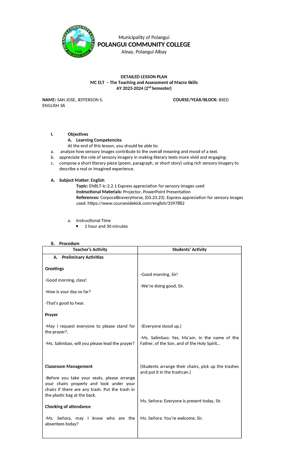 Detailed Lesson Plan on Sensory Imagery for English 3A (BSED) - Studocu