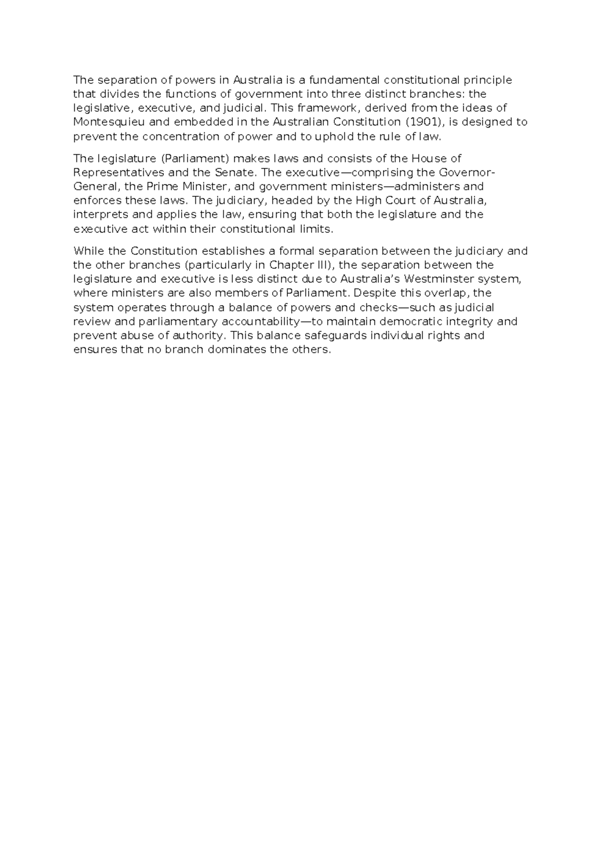 Separation of Powers in Australia: A Constitutional Overview - Studocu