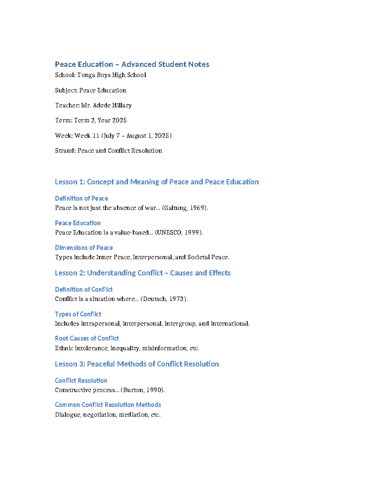Peace Education Advanced Notes Term 2, 2025 - Tonga Boys High School ...