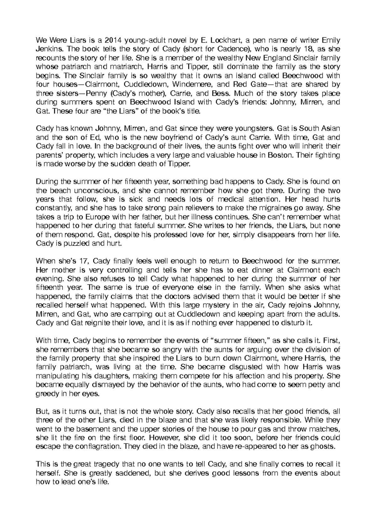 We Were Liars - Summary of E. Lockhart's Young-Adult Novel - Studocu
