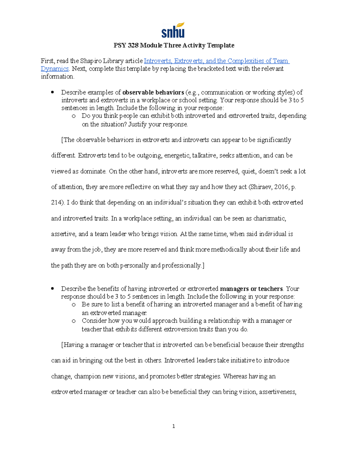 PSY 328 Final Exam: Understanding Introverts, Extroverts & Team Dynamics - Studocu