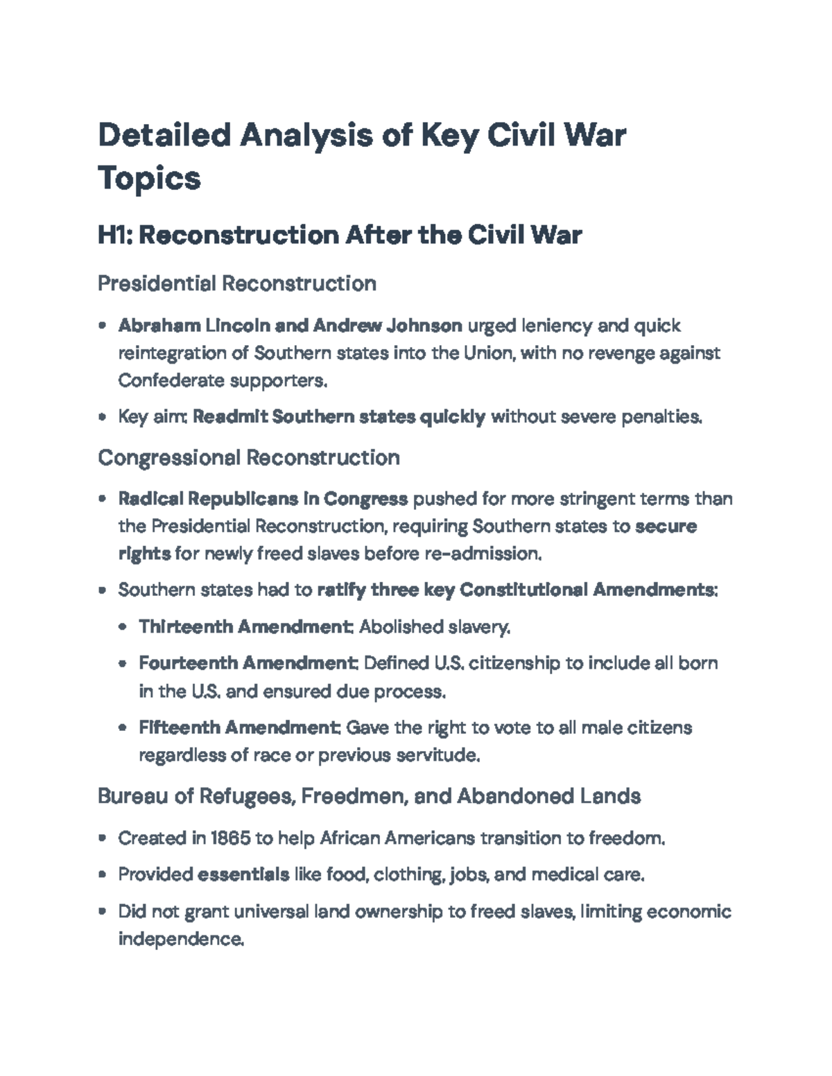 Detailed Overview of Civil War Themes and Reconstruction: A Study Guide ...