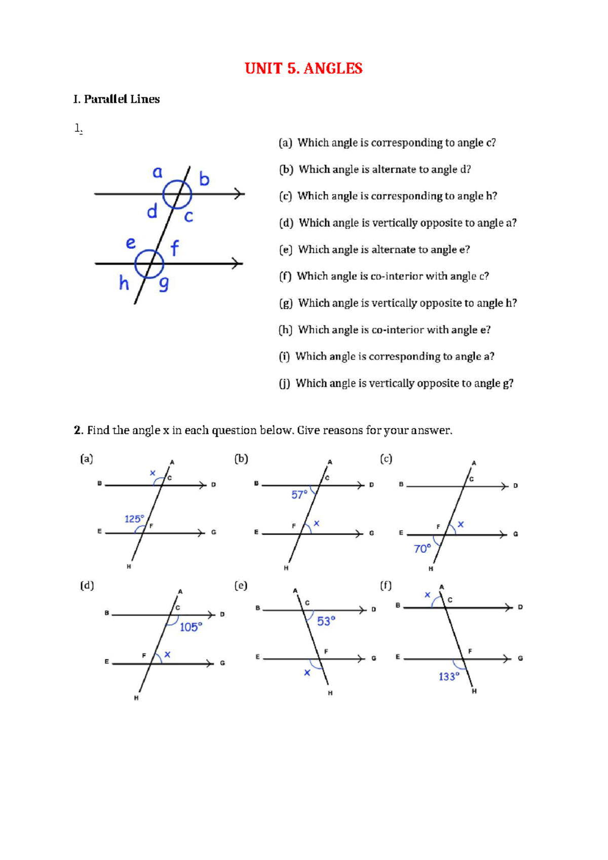 UNIT 5. Angles I: Parallel Lines & Triangles Checkpoint - Studocu