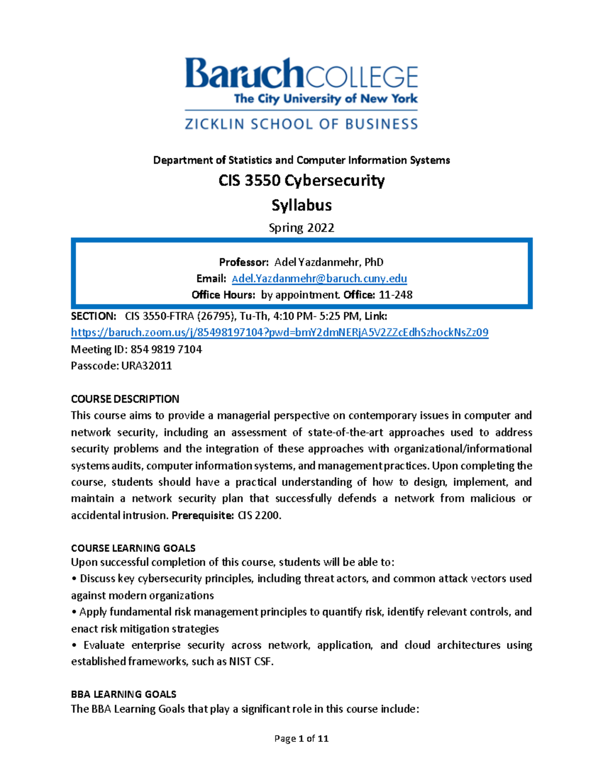 CIS3550 - Cybersecurity Course Syllabus for Spring 2022 - Studocu
