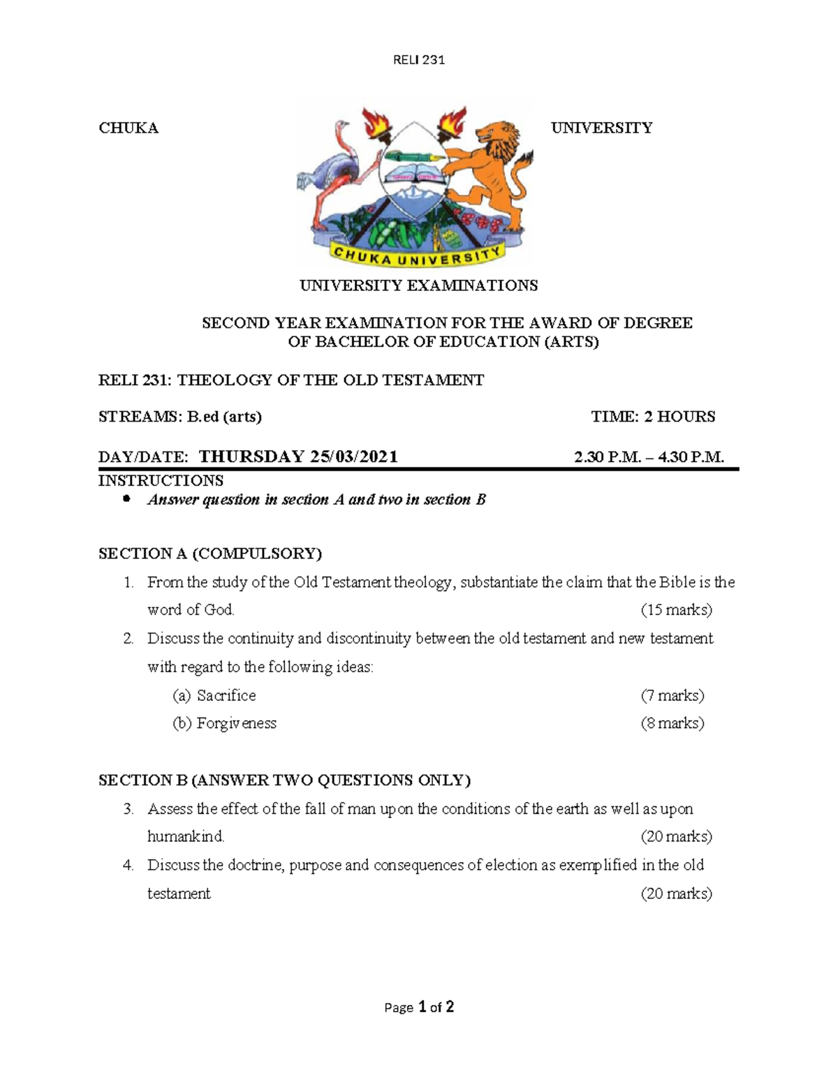 RELI 231: Old Testament Theology Exam Questions for Revision - Studocu