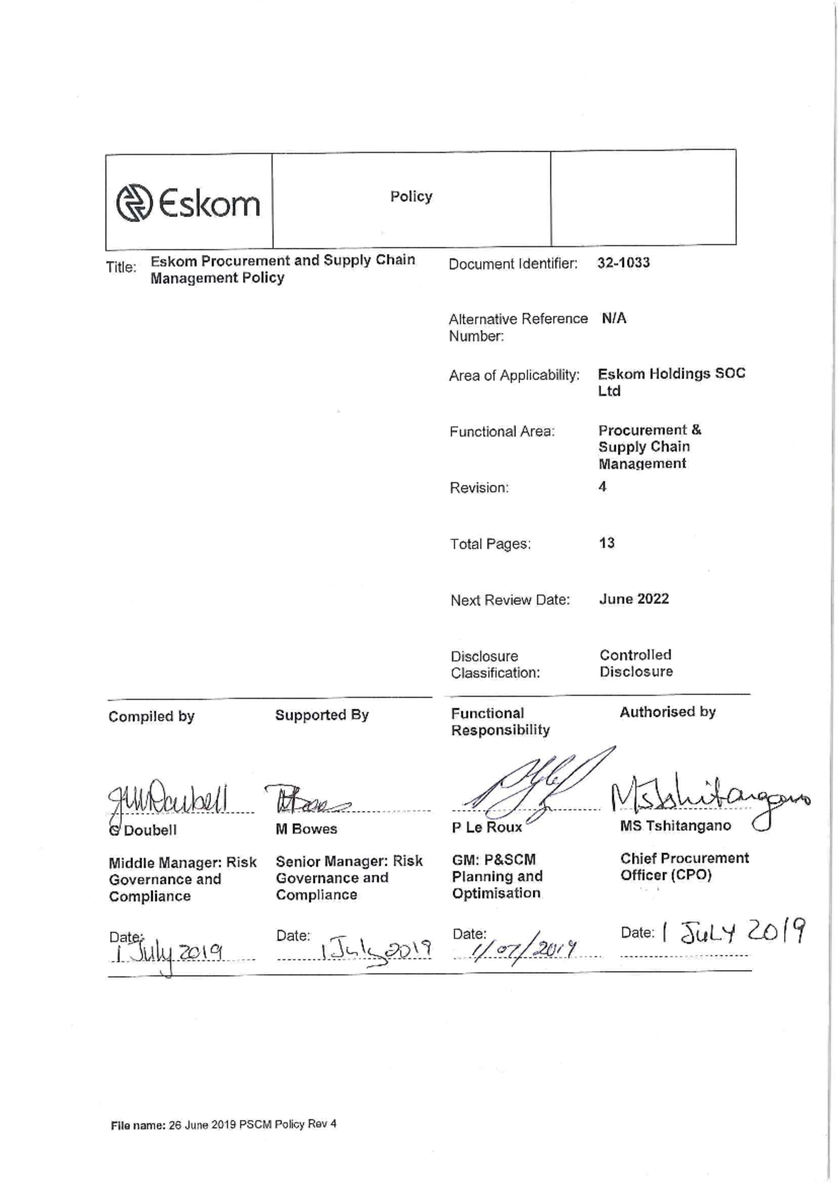 Eskom PSCM Policy Document Rev 4: Procurement and Supply Chain Overview ...