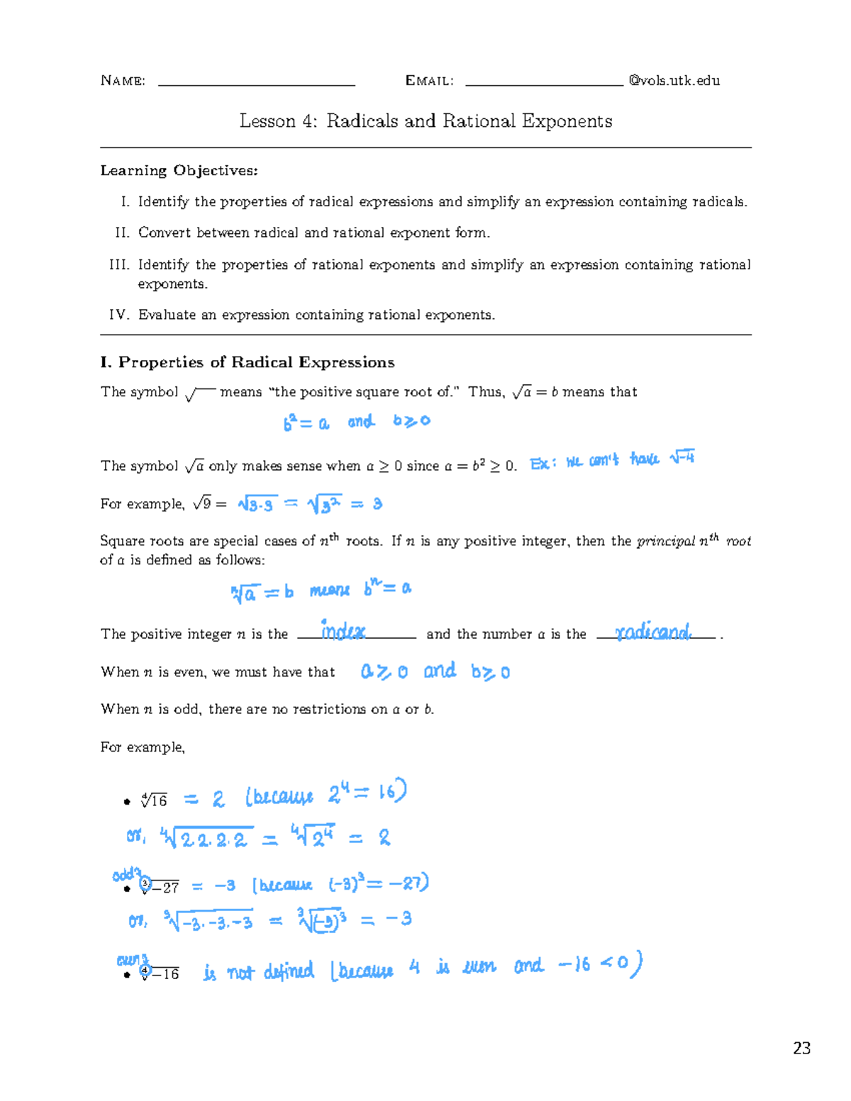 Math 119 Note-Taking Guide: Lesson 4 - Radicals & Rational Exponents ...
