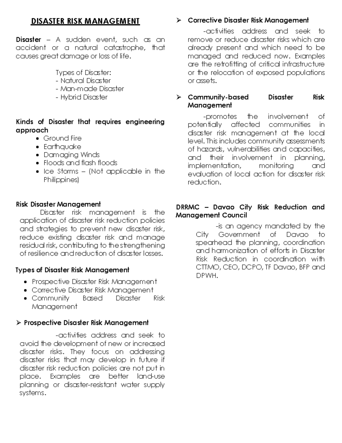 Disaster Risk Management Reviewer - DISASTER RISK MANAGEMENT Disaster ...