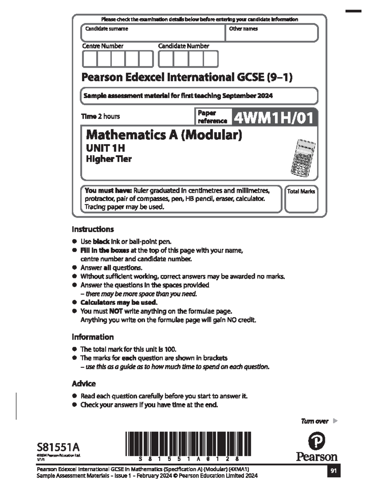 Math Paper 1 Specimen (Pearson Edexcel International GCSE 4XMA1) - Studocu