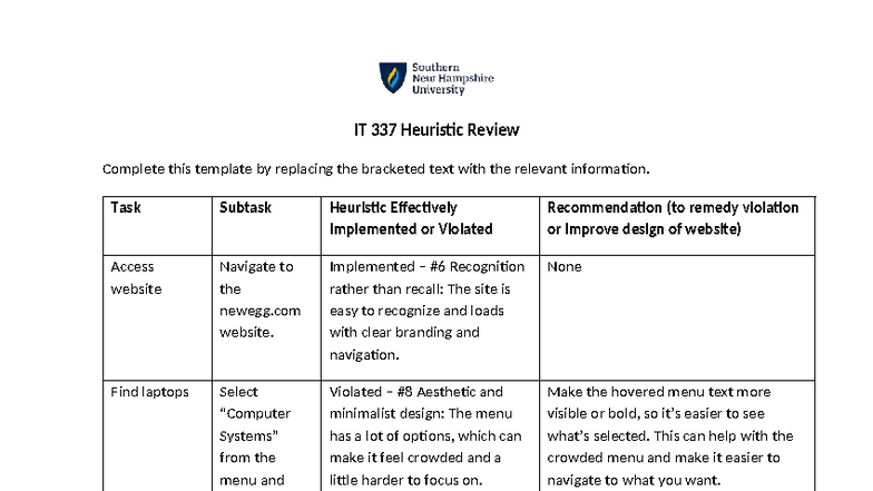 IT 337 Project Three Heuristic Review Analysis and Recommendations ...