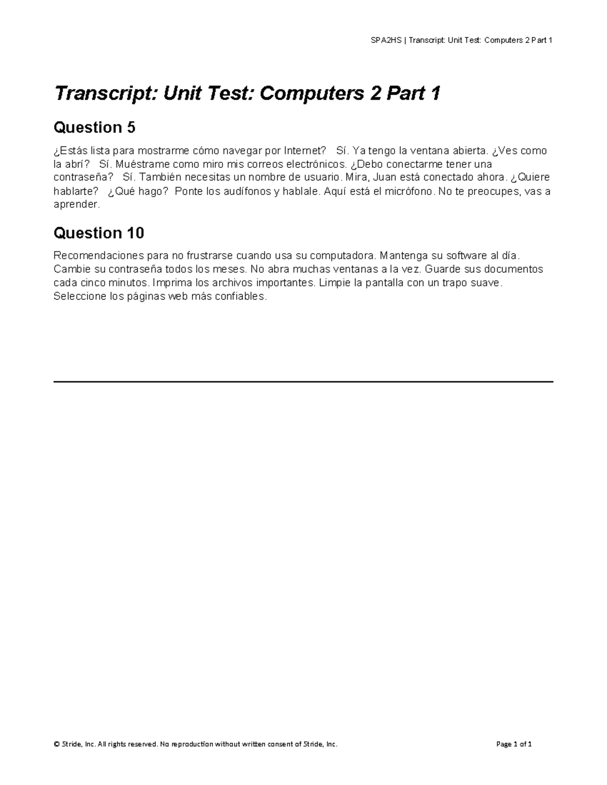 SPA2HS Unit Test: Computers 2 Part 1 Transcript & Tips - Studocu