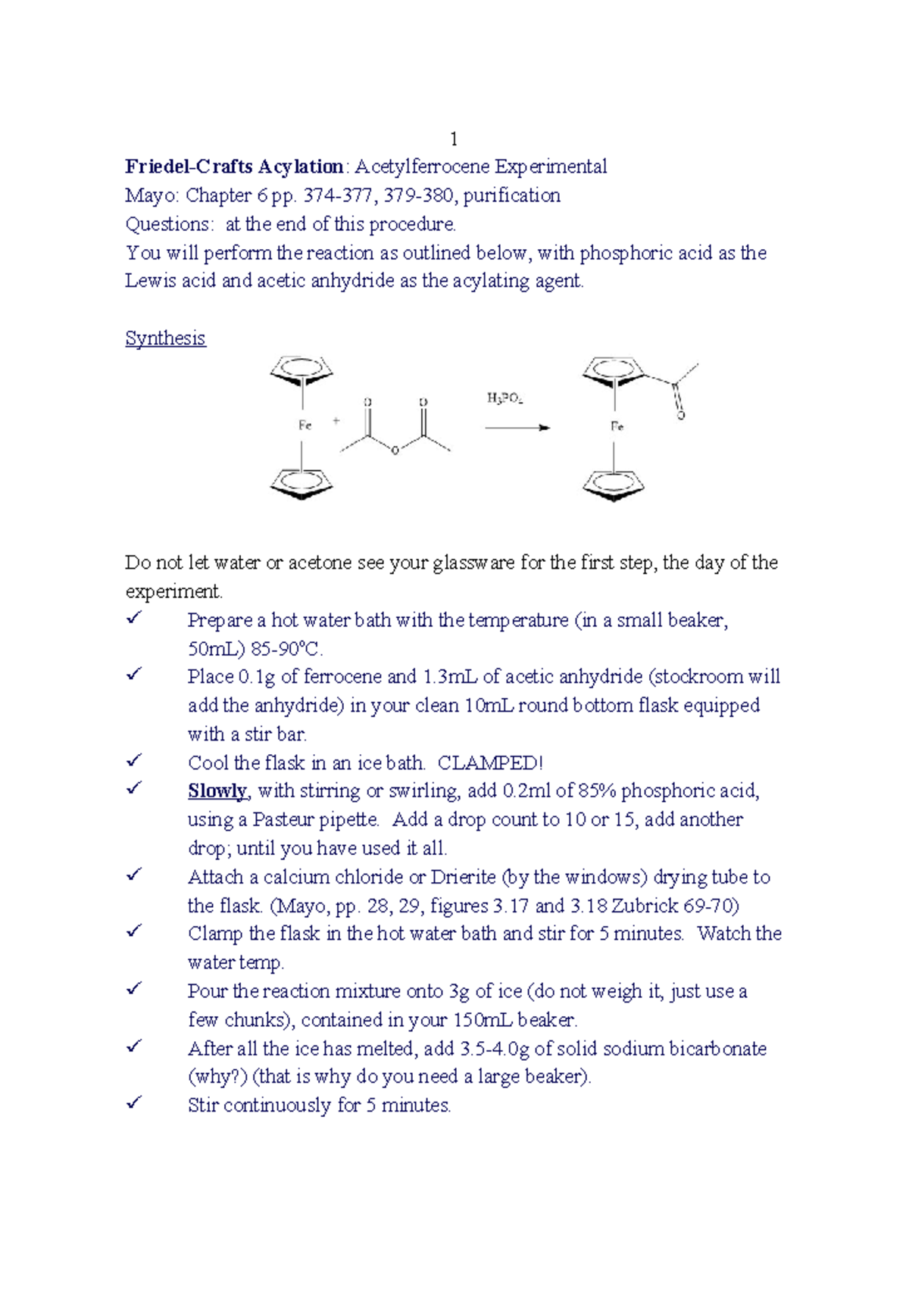 Acetylferrocene Synthesis & Purification: Mayo 1 Experiment Notes - Studocu