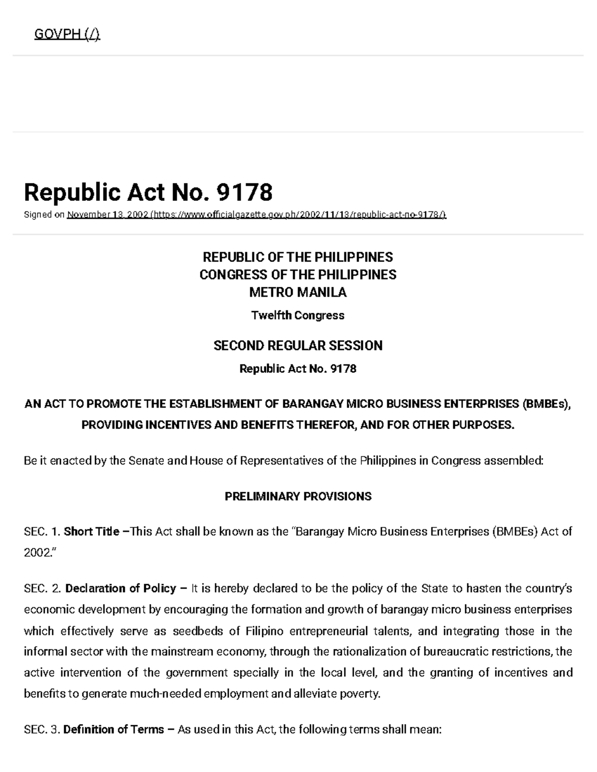 Republic Act No. 9178 Overview and Key Provisions Summary - Studocu