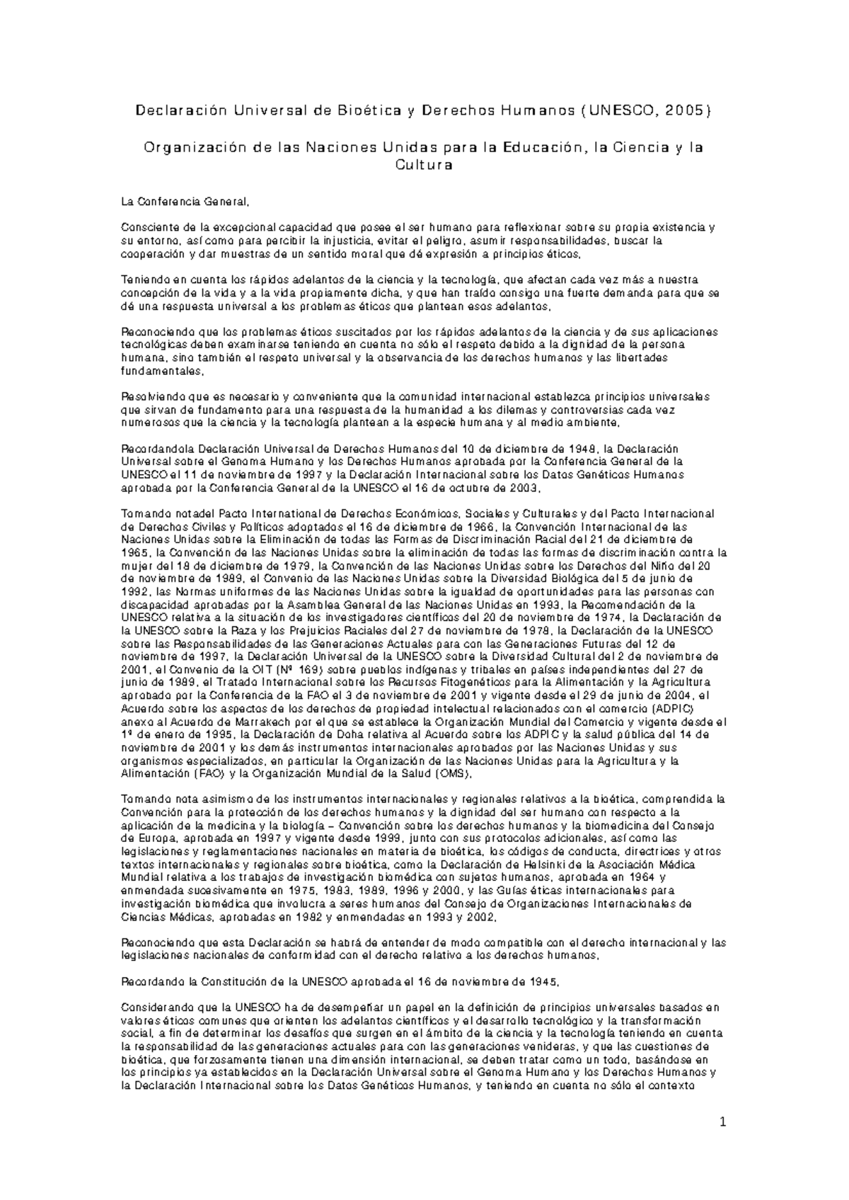 Declaración Universal de Bioética y Derechos Humanos (UNESCO, 2005 ...