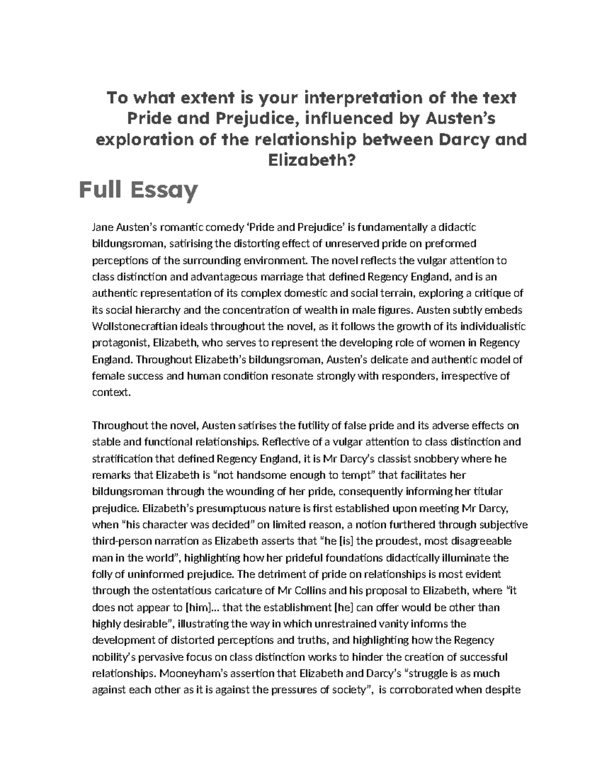Pride and Prejudice Essay: Analyzing Darcy and Elizabeth's Relationship ...