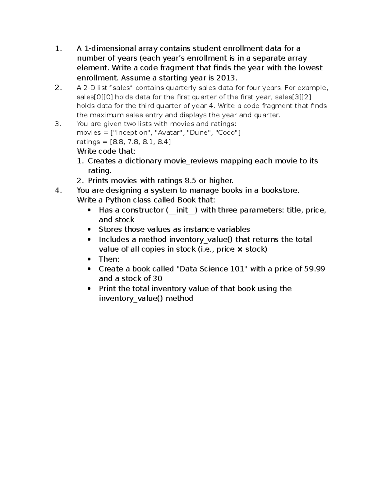 Sample Final Problems - CS101: Enrollment, Sales, and Book Management ...