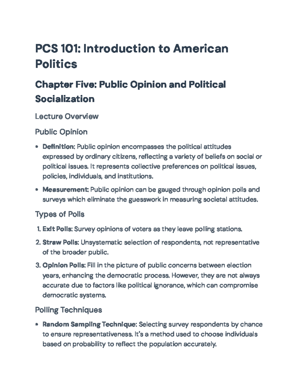 PCS 101: Lecture Notes on Public Opinion & Political Socialization ...