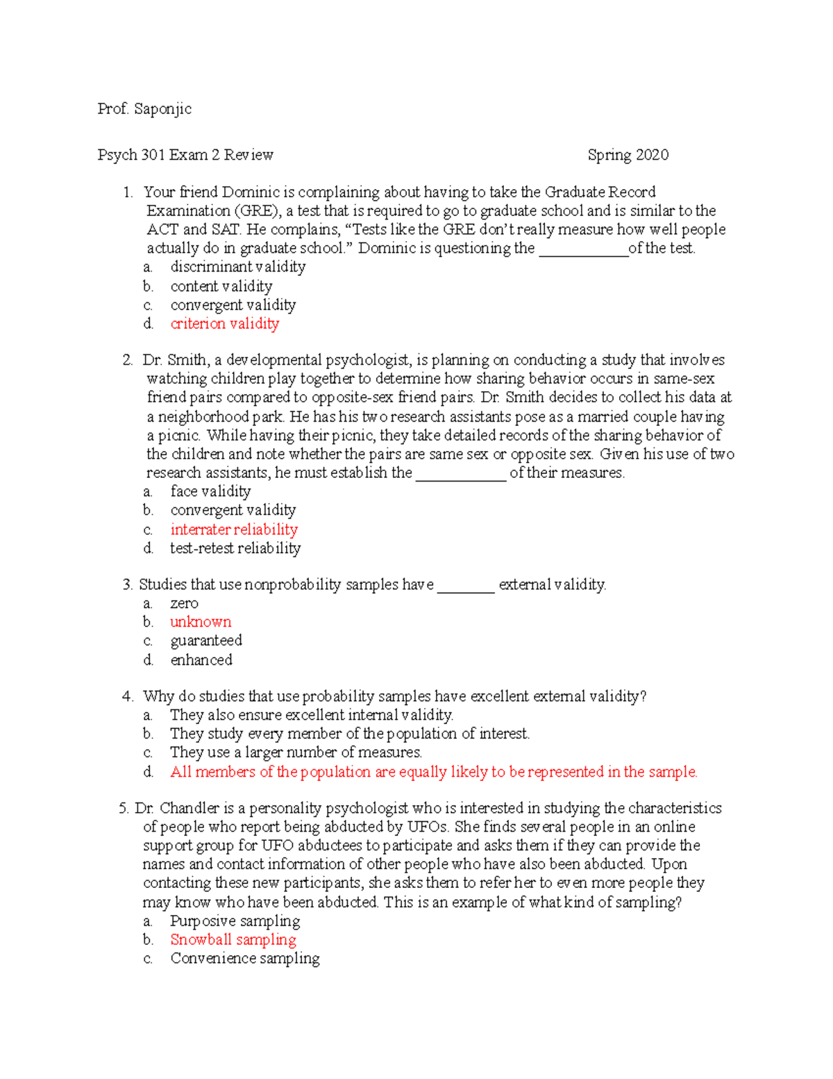 Psych 301 Exam 2 Review Guide for Spring 2020 - Studocu