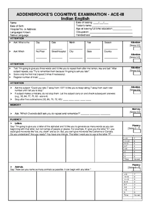 ACE-III Questionnaire: Scoring and Instructions for Indian English ...