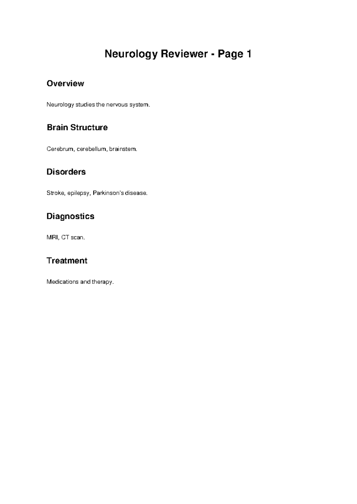 Neurology Reviewer Notes: Overview of Nervous System Studies - Studocu