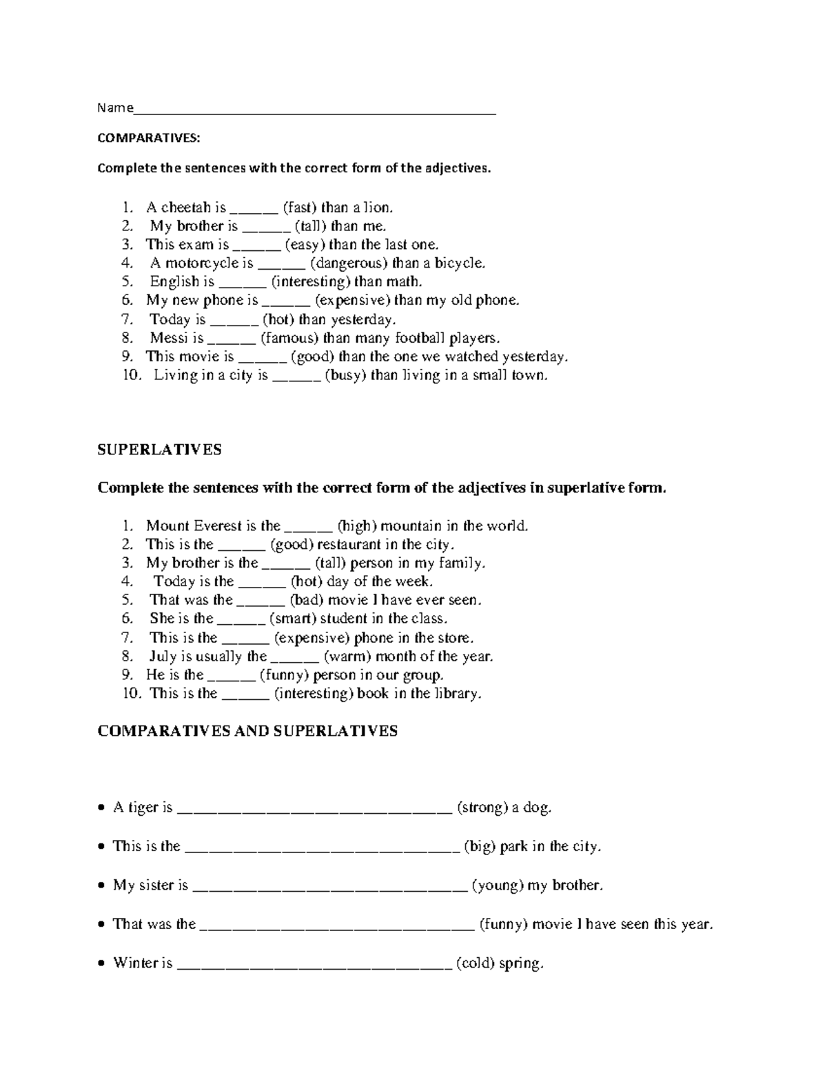 English TEST Practice: Comparatives and Superlatives Exercises - Studocu