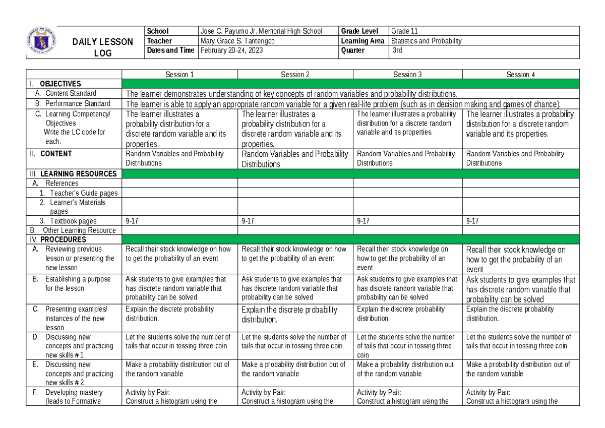 DLL I: Statistics & Probability Lesson Plan - Week 2 - Studocu