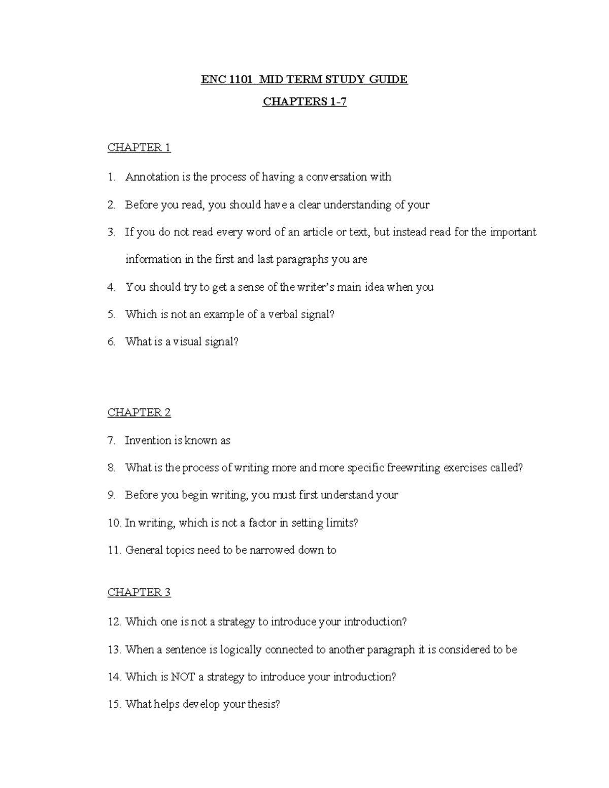 ENC 1101 MIDTERM STUDY GUIDE: Key Concepts from Chapters 1-6 - Studocu
