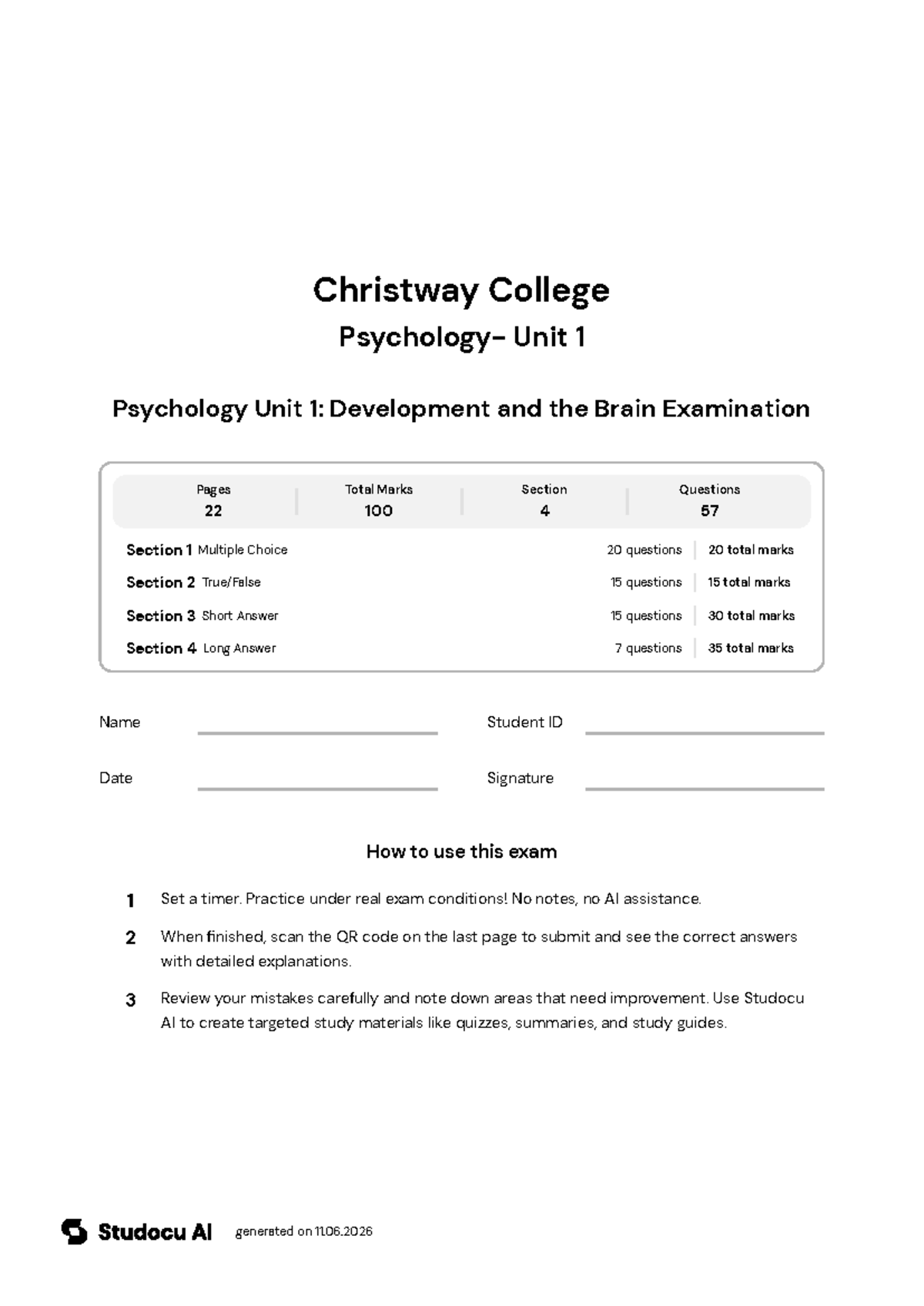 Psychology Unit 1: Development and Brain Exam - Studocu