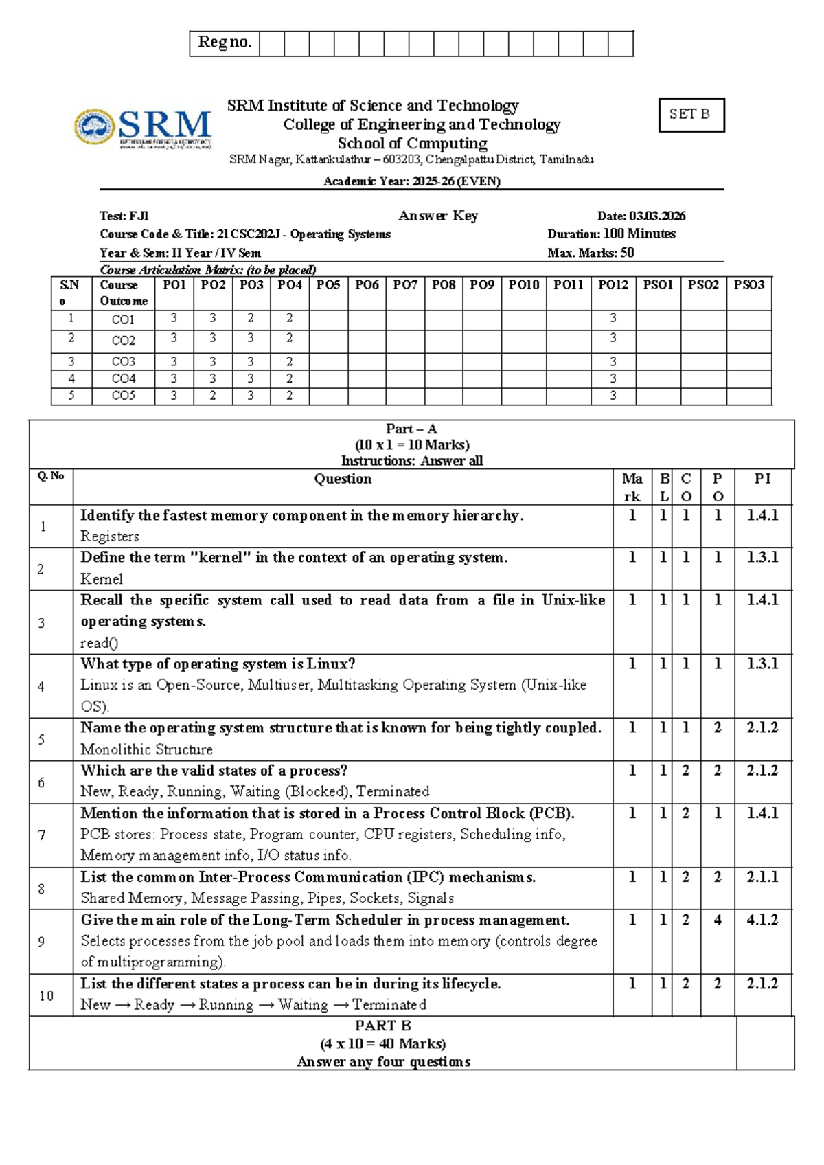 FJ1 21CSC202J Operating Systems Set B Answer Key - Studocu