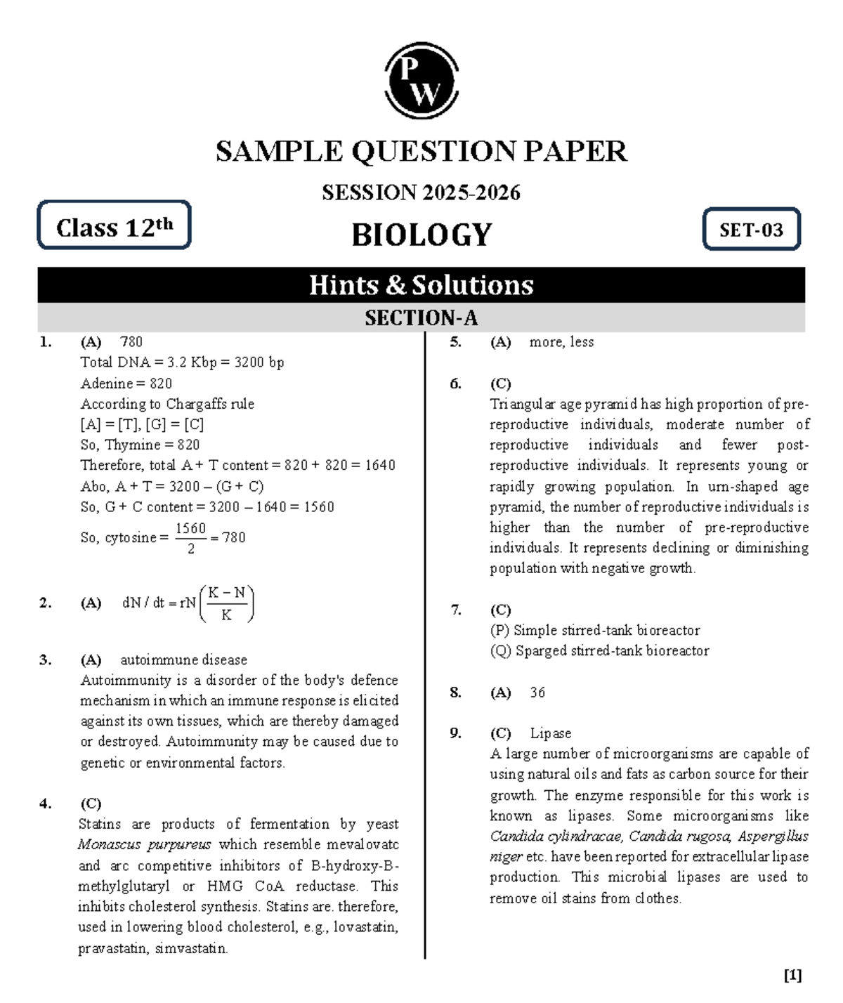 Class 12th Biology Sample Question Paper with Hints & Solutions - Studocu