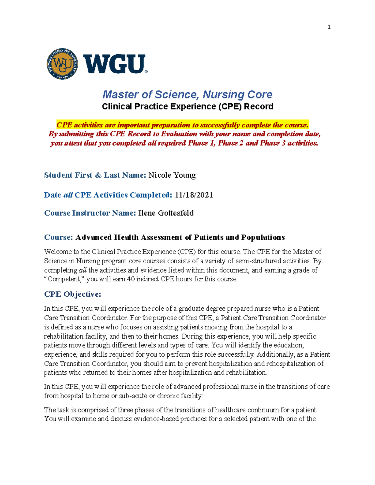 CPE Record D026 - Master of Science, Nursing Core Clinical Practice ...