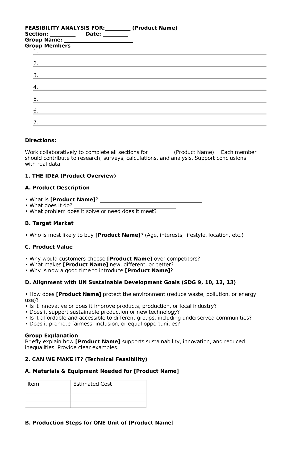 Product Feasibility Analysis Worksheet (Group Project) - Studocu
