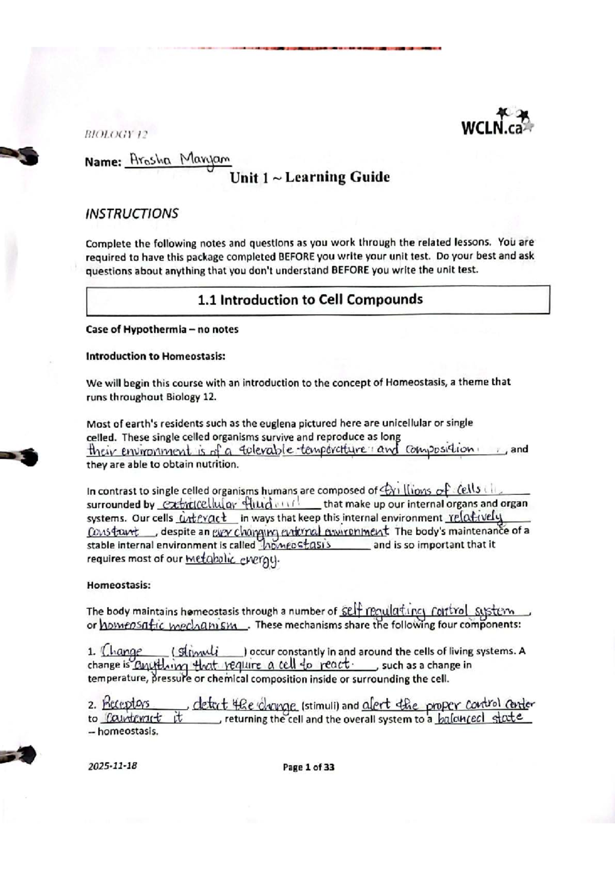 Biology 12 WCLN.ca Unit 1 Learning Guide: Homeostasis & Cell Compounds ...