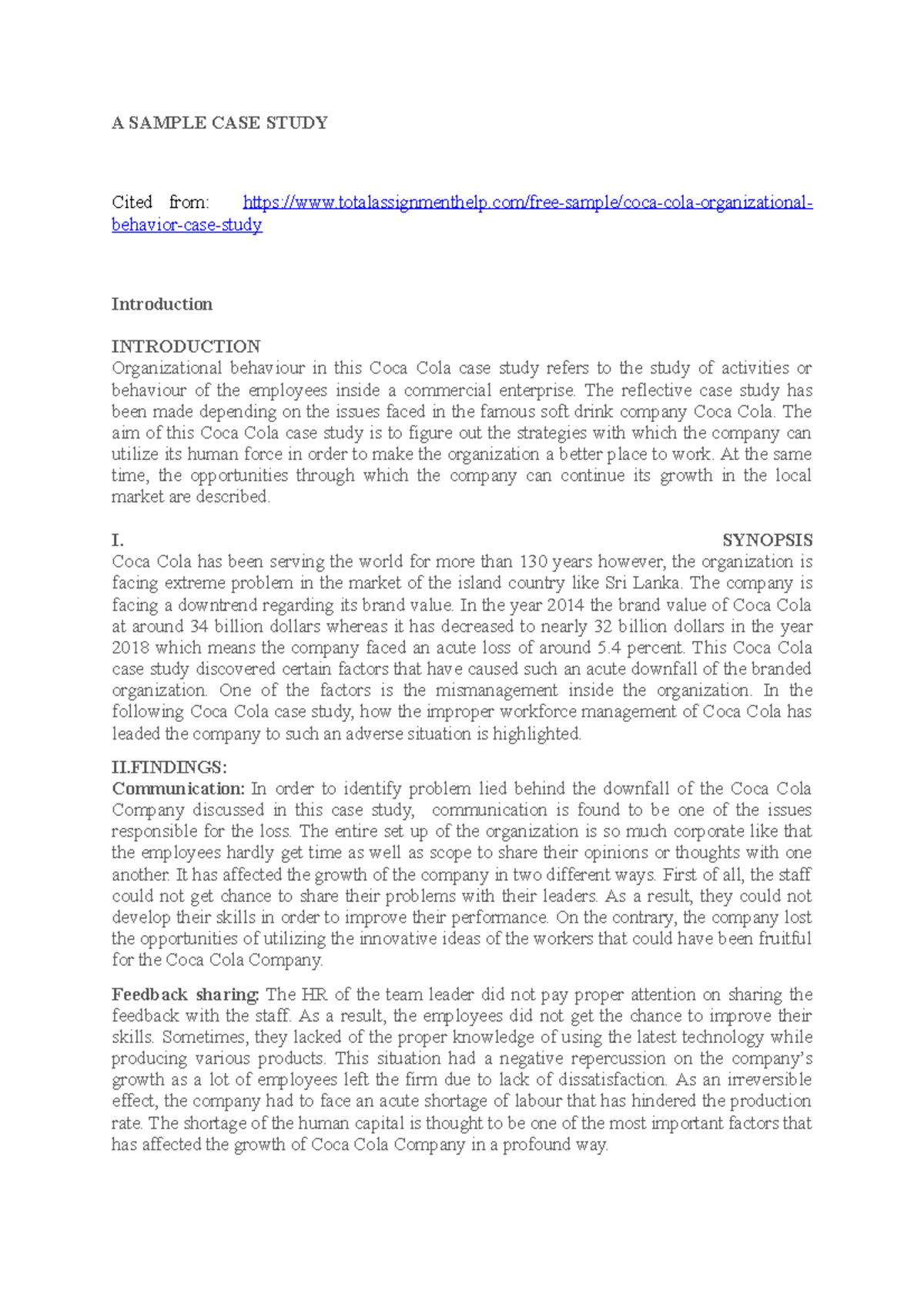 Coca Cola Organizational Behavior Case Study Analysis - Studocu