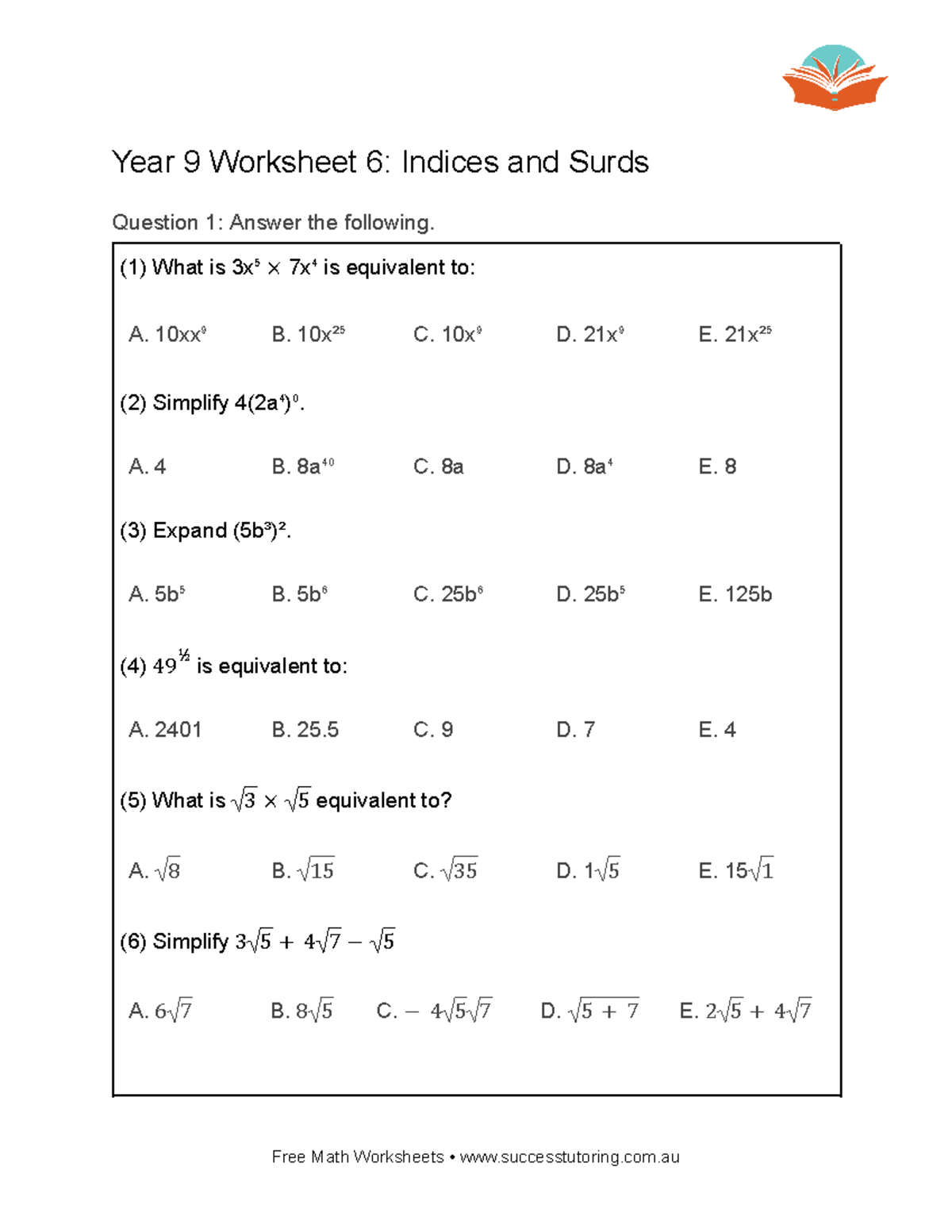 Year 9 Worksheet 6: Indices and Surds Practice and Solutions - Studocu