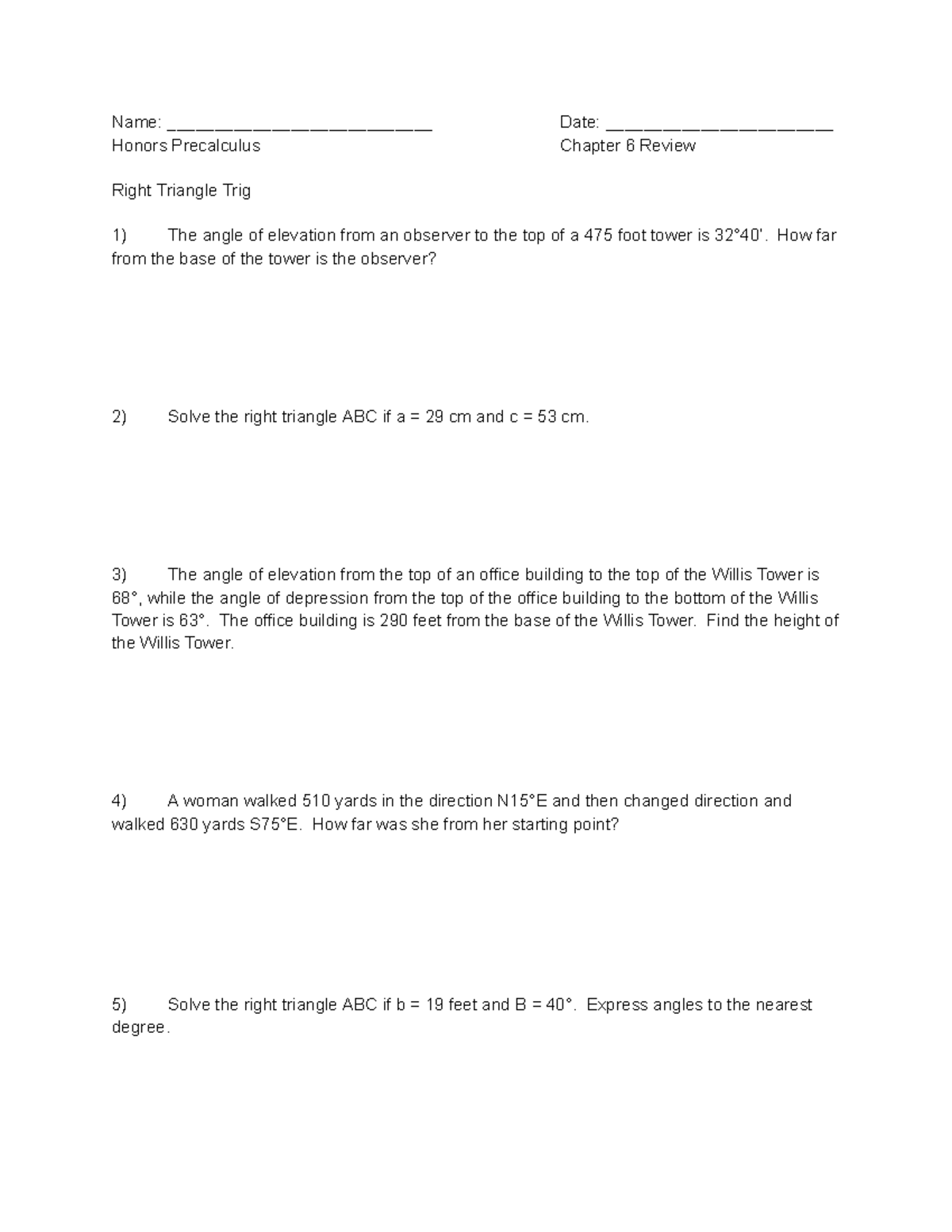 Precalc Vectors HW: Triangle Elevation & Angle Problems - Studocu
