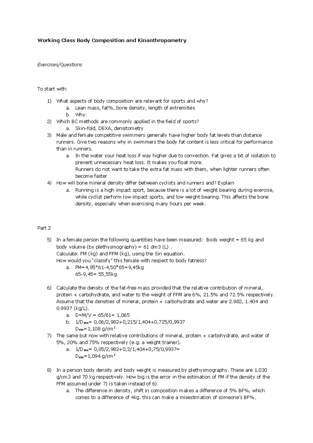 Questions on WC Body Composition & Kinanthropometry Analysis - Studeersnel