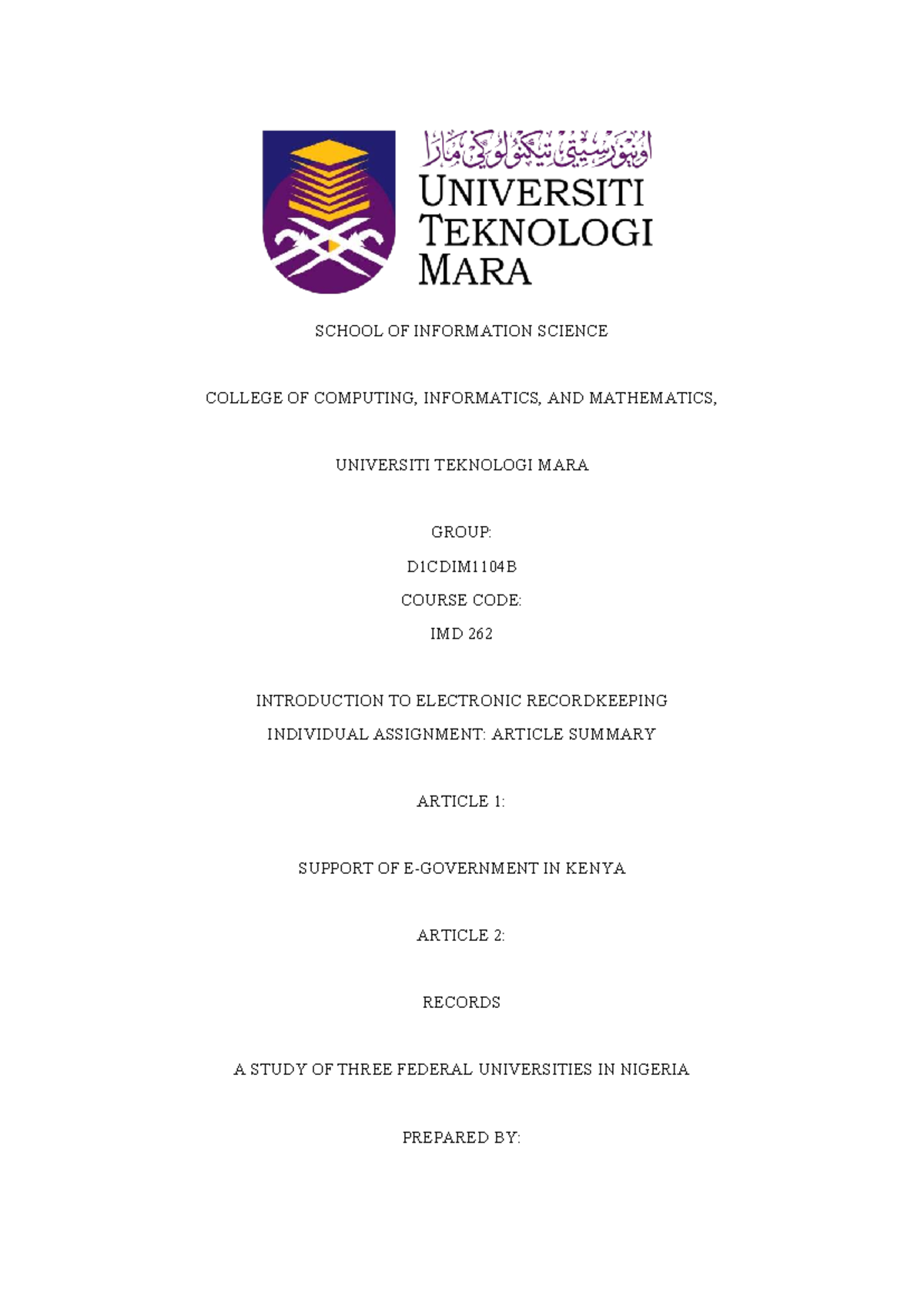 IMD 262: Article Summary on Electronic Recordkeeping Challenges in ...