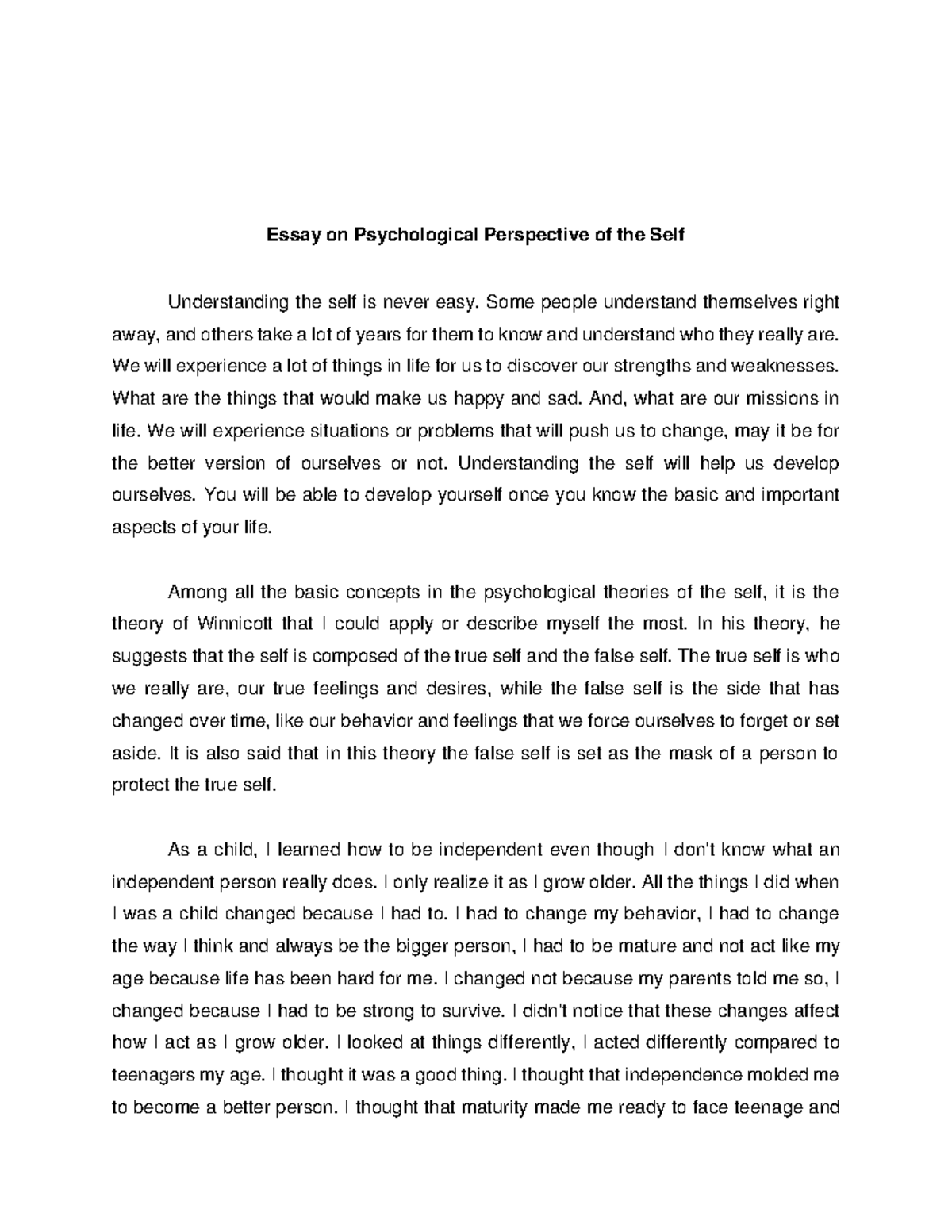 Essay on Psychological Perspective of the Self - Essay on Psychological ...