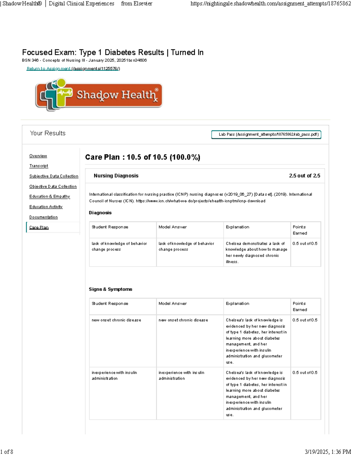 BSN 346 Final Care Plan for Type 1 Diabetes Management: Chelsea Warren ...
