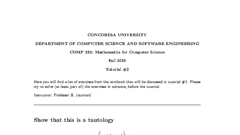 Tutorial Exercises for COMP 232: Math for CS - Fall 2025 - Studocu