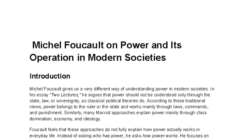 Foucault on Power: Understanding Its Dynamics in Modern Societies - Studocu